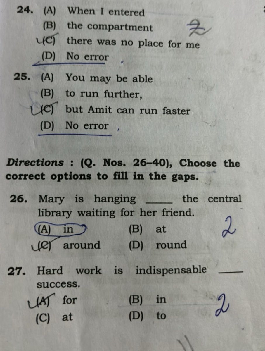 Directions: (Q. Nos. 26–40), Choose the correct options to fill in the ga..