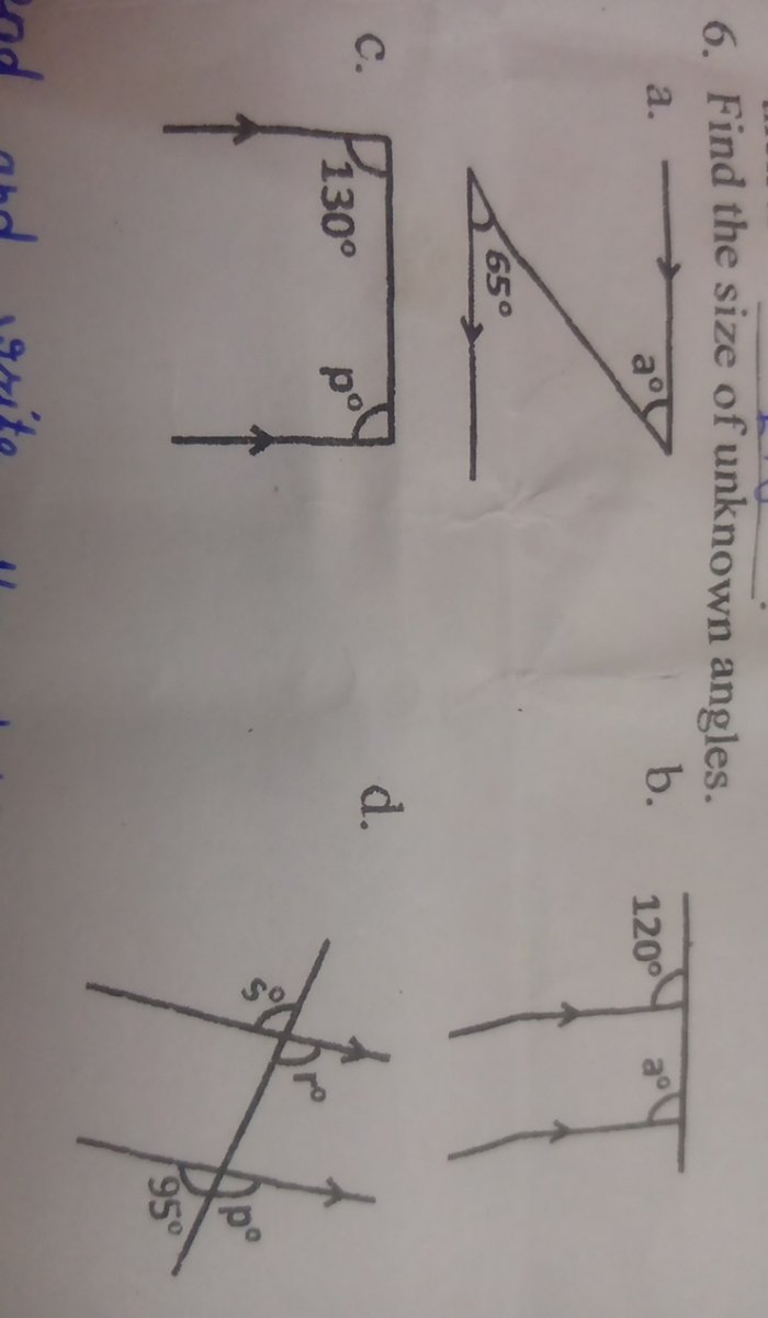 Find the size of unknown angles. a. [Diagram showing a triangle with one..