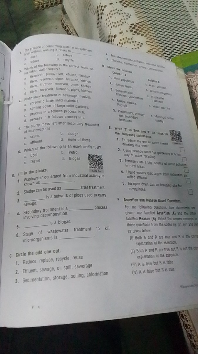 Here are several questions related to environmental science and wastewate..