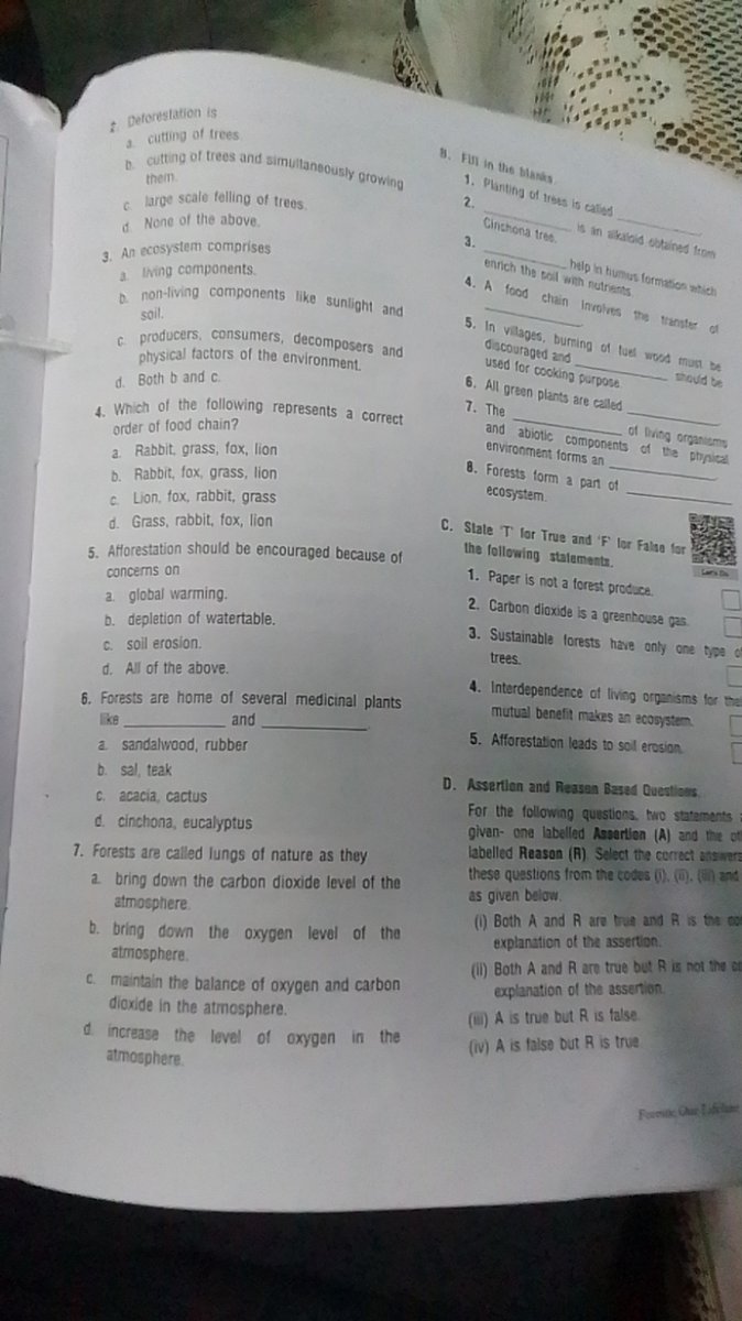 Multiple Choice Questions (2–7) Deforestation is a. cutting of trees
