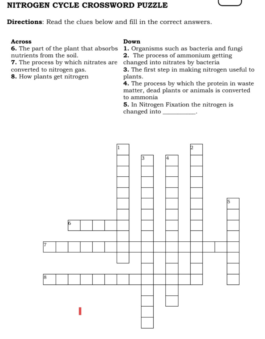 NITROGEN CYCLE CROSSWORD PUZZLE Directions: Read the clues below and fil..