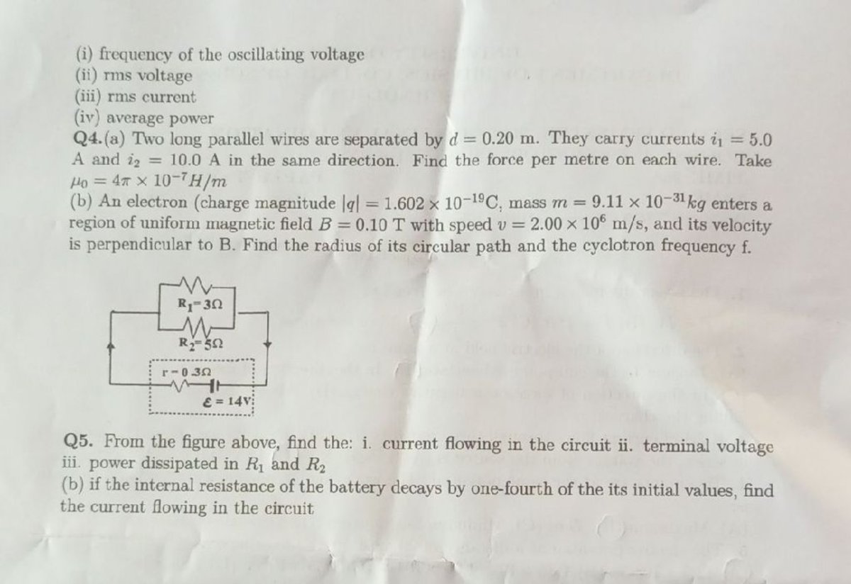 (i) frequency of the oscillating voltage (ii) rms voltage (iii) rms curre..