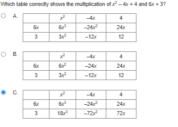 Which table correctly shows the multiplication of x^2 - 4x + 4 and 6x + 3..