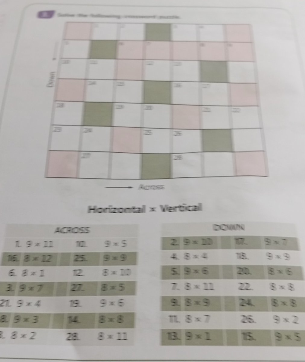 Solve the following crossword puzzle. ACROSS 9 x 11 8 x 12 8 x 1 9 x 7 9..