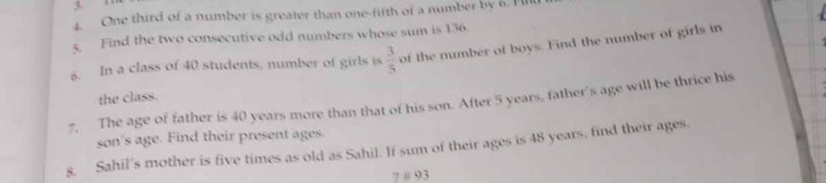 One third of a number is greater than one-fifth of a number by 6. Find th..