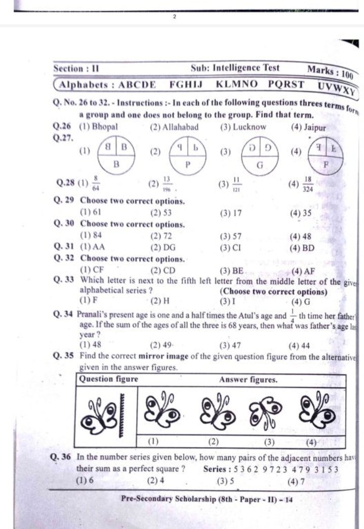 Section : II Sub: Intelligence Test Marks : 100 Alphabets : ABCDE FGHIJ K..