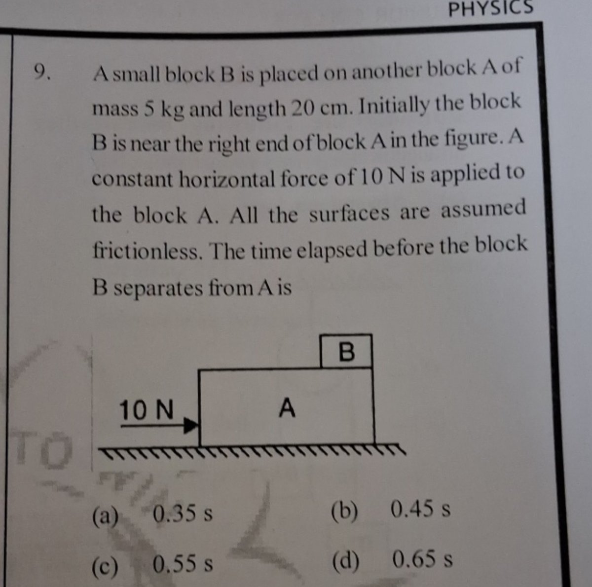 A small block B is placed on another block A of mass 5 kg and length 20 c..