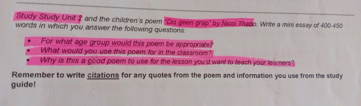 Study Unit 2 and the children's poem "Dis geen grap" by Nicci Thabo. Writ..