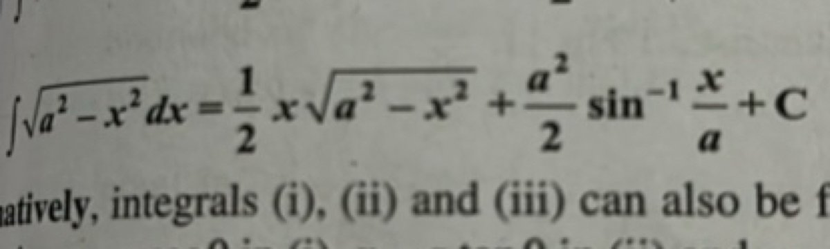 The image shows the integral formula: \int\sqrt{a^2 - x^2}\,dx = \frac{1..