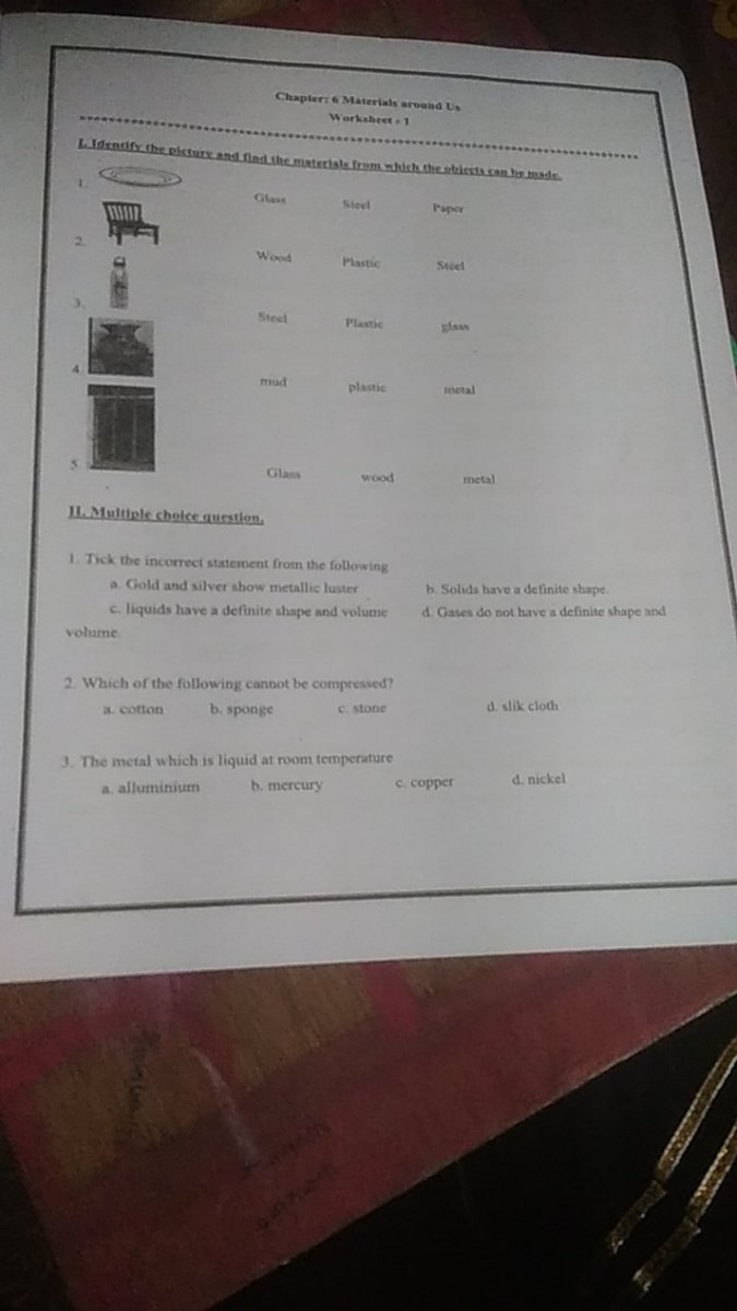 Chapter: 6 Materials around Us Worksheet-1 I. Identify the picture and f..