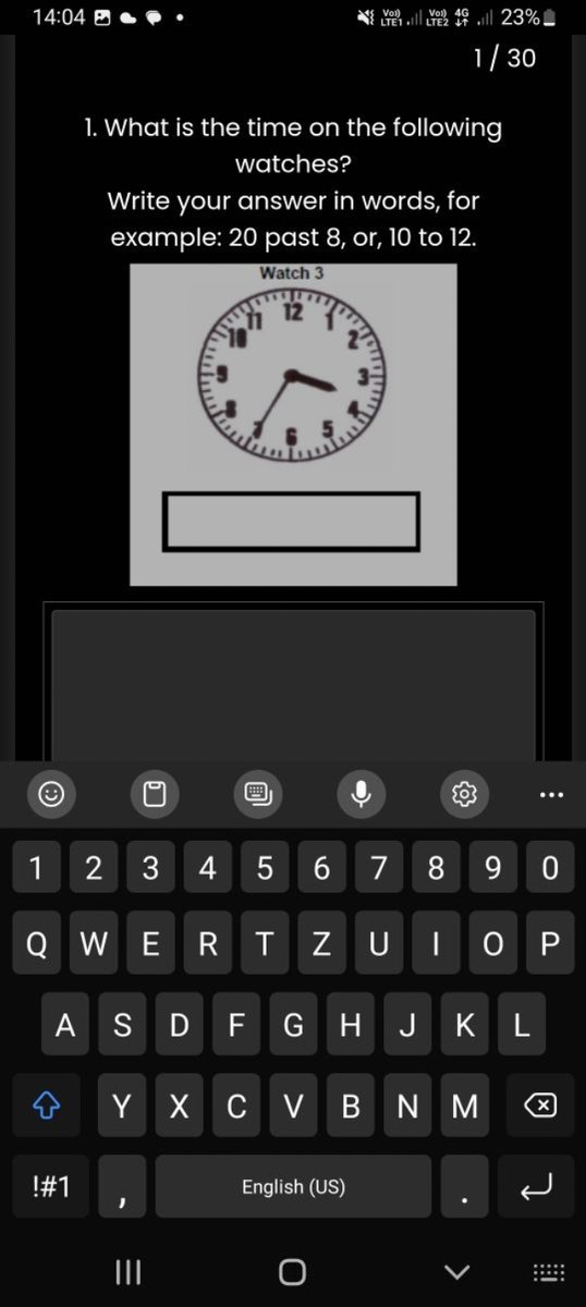 What is the time on the following watches? Write your answer in words, f..