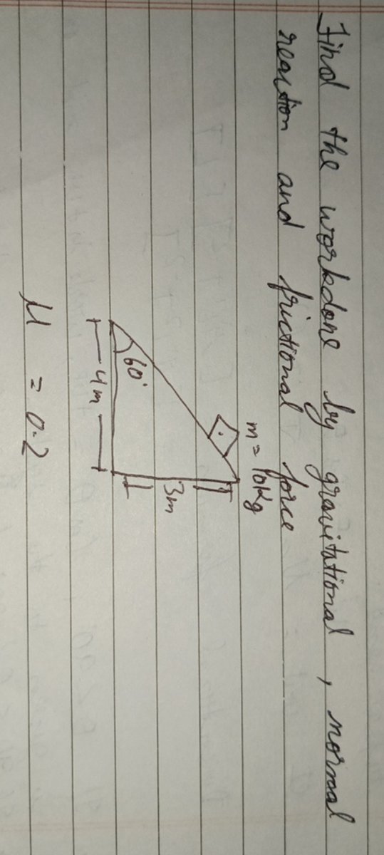 Find the work done by gravitational, normal reaction, and frictional forc..