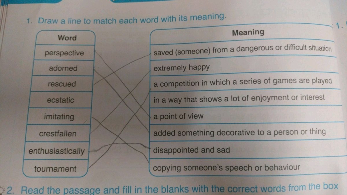 Draw a line to match each word with its meaning. Word perspective adorne..