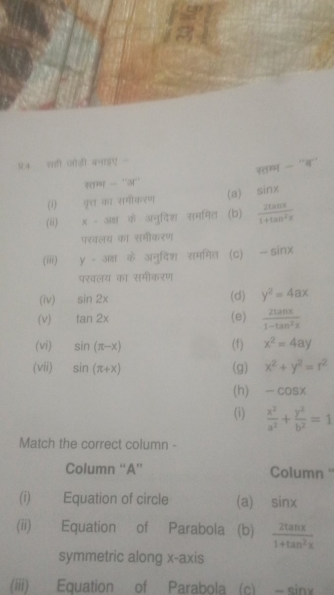 Match the correct column - Column "A" (i) Equation of circle (ii) Equati..