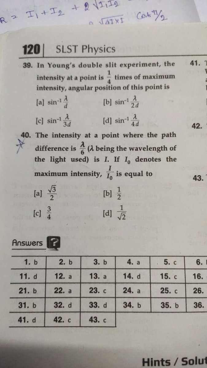 The intensity at a point where the path difference is λ/6 (λ being the wa..
