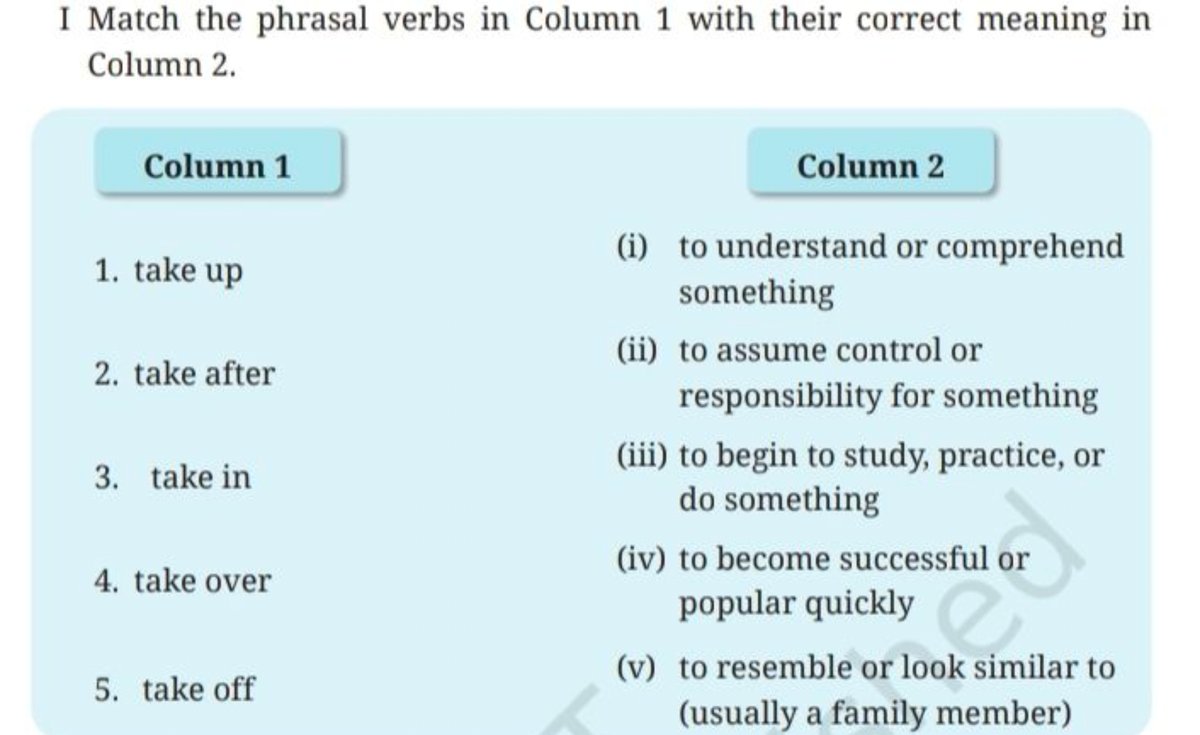 Match the phrasal verbs in Column 1 with their correct meaning in Column