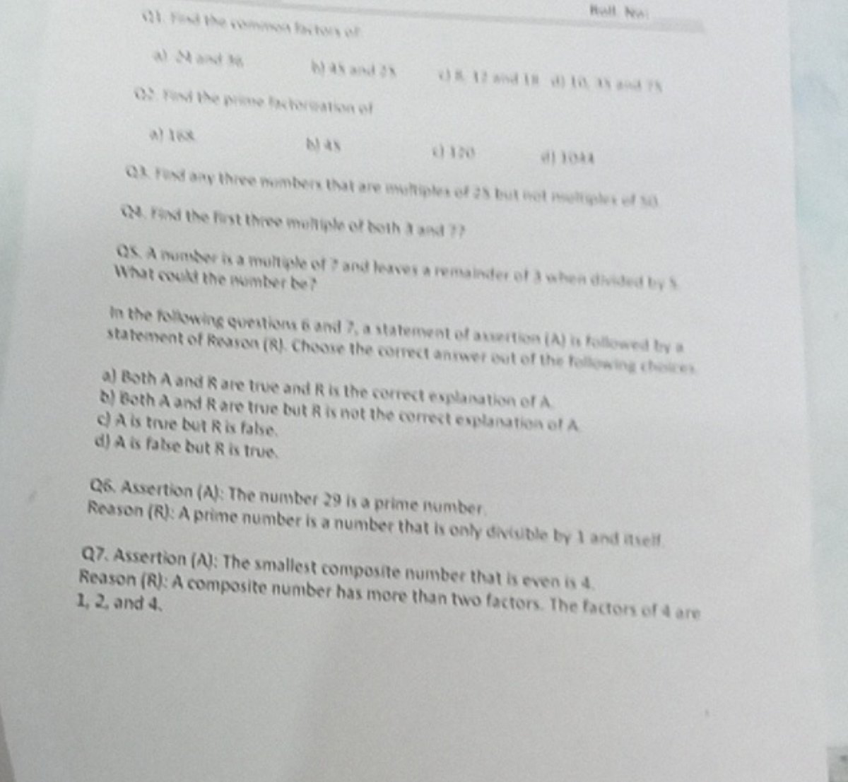 Q1. Find the common factors of a) 24 and 36 b) 45 and 25 c) 8, 12 and 18