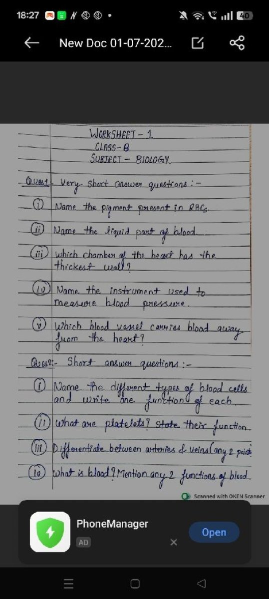 WORKSHEET - 1 CLASS - 8 SUBJECT - BIOLOGY Quest 1: Very Short answer que..