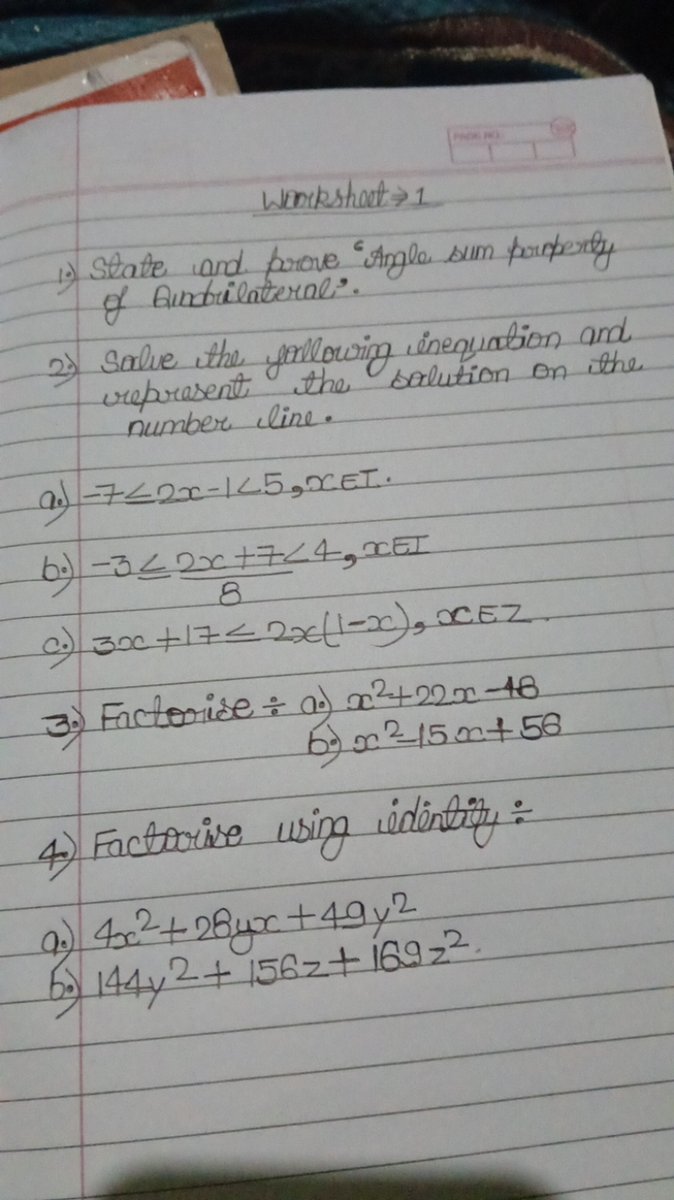 Worksheet 1 1) State and prove "Angle sum property of Quadrilateral". 2..