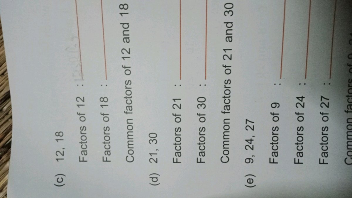 Find the factors and common factors for the following numbers: (c) 12, 1..