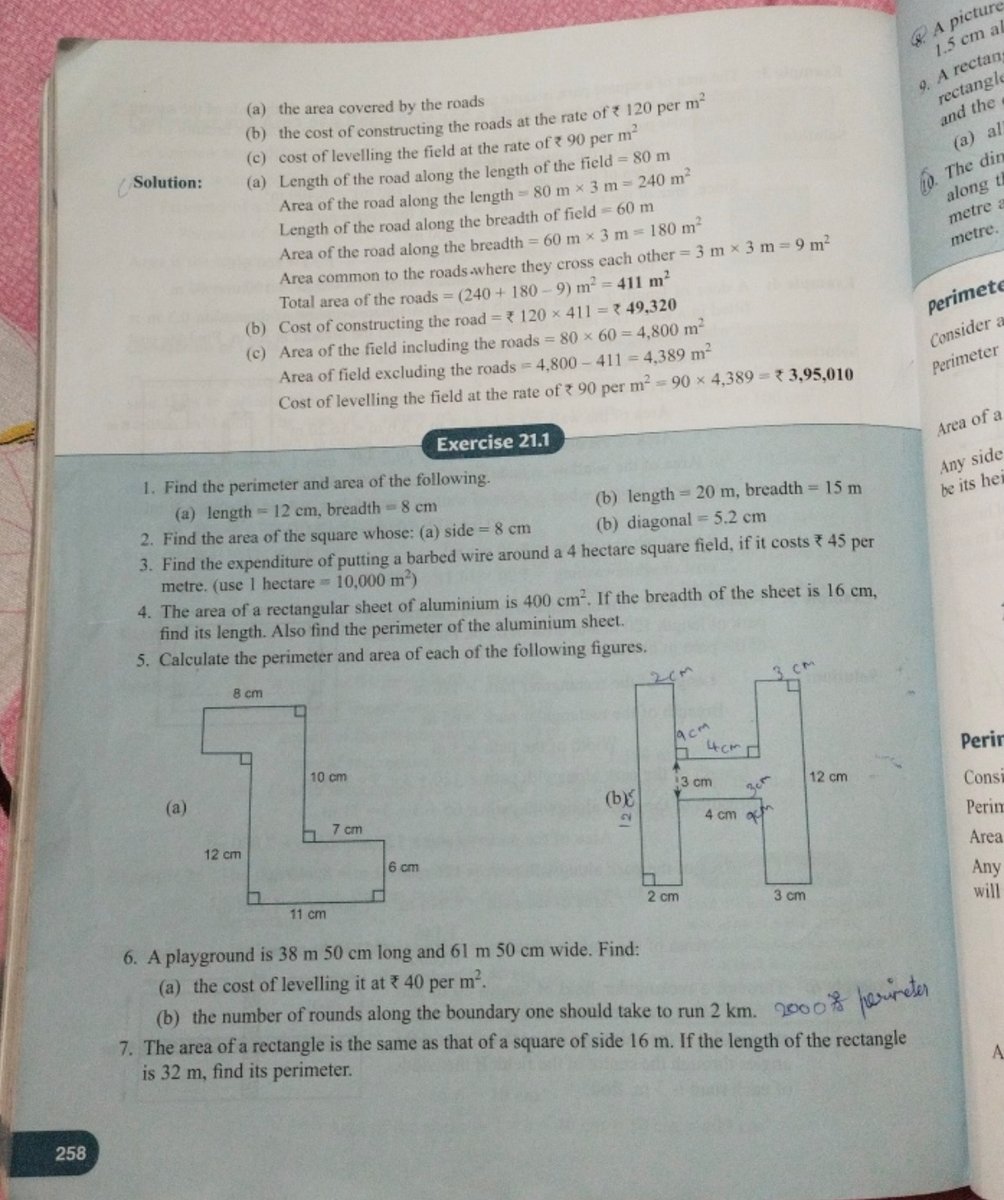 Calculate the perimeter and area of each of the following figures. (a) D..