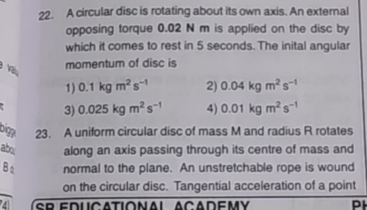 A circular disc is rotating about its own axis. An external opposing torq..