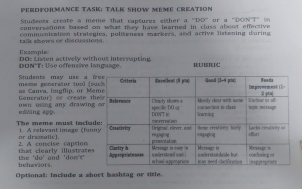 PERFORMANCE TASK: TALK SHOW MEME CREATION Students create a meme that ca..