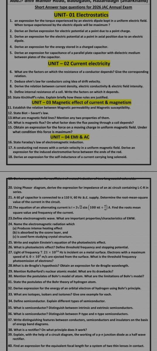 Short Answer type questions for 2026 JAC Annual Exam UNIT-01 Electrostat..
