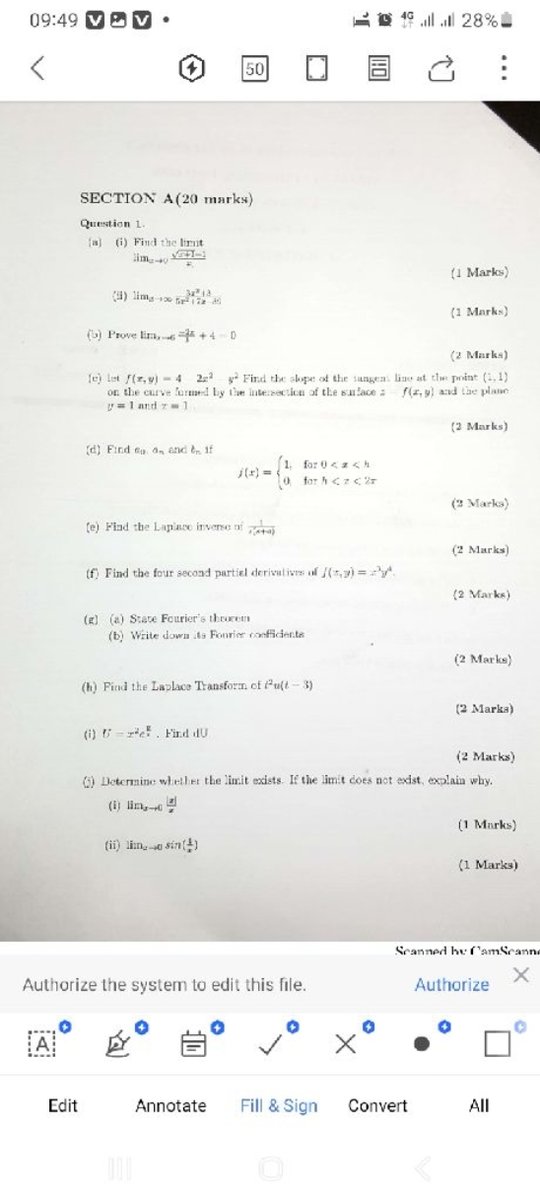 SECTION A (20 marks) Question 1. (a) (i) Find the limit \lim_{x \to 0} \f..