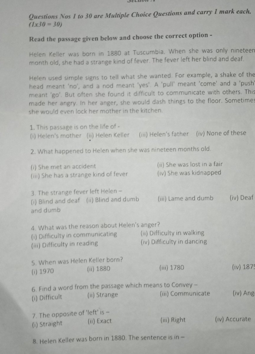 Questions Nos 1 to 30 are Multiple Choice Questions and carry 1 mark each..