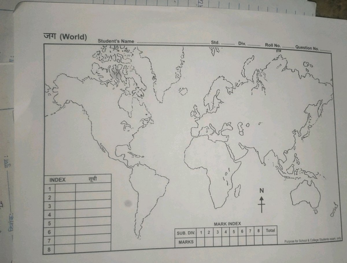 The image shows a blank world map with an index table. The student is exp..
