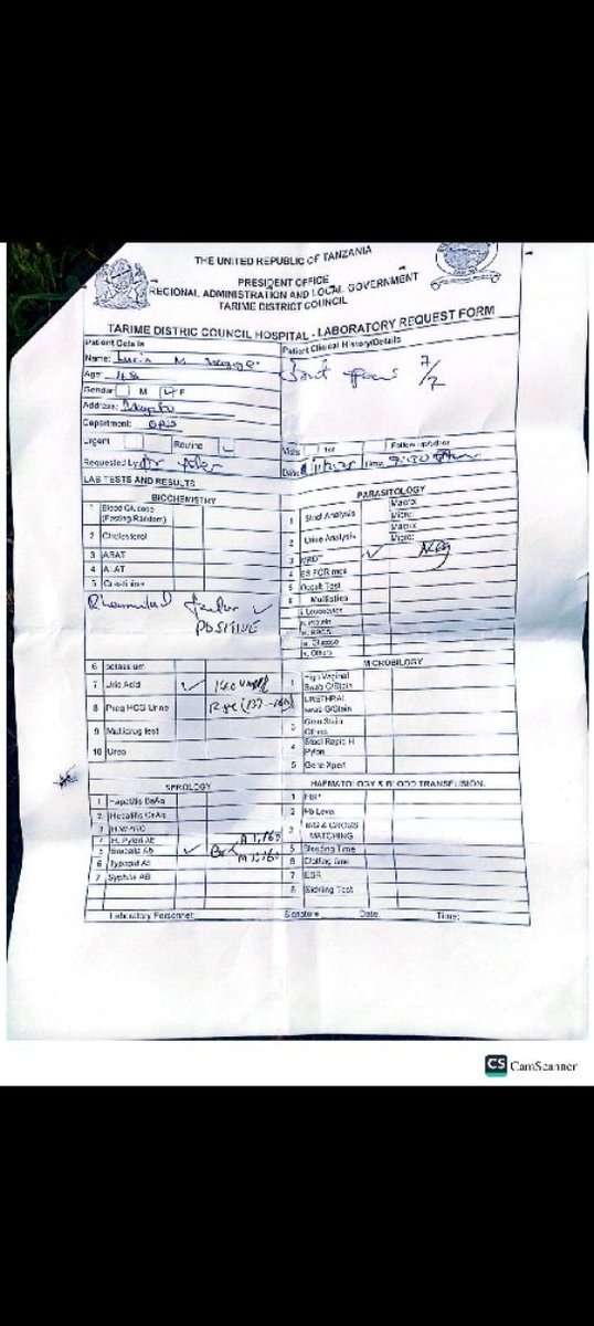 The provided image is a laboratory request form from the Tarime District