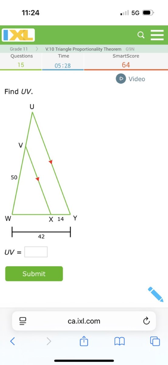 Find UV. [Diagram of a triangle UWY with a line segment VX parallel to U..