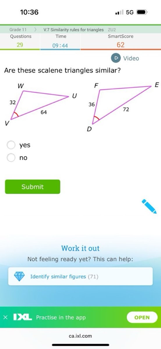 Are these scalene triangles similar? Triangle 1: Vertices V, W, U. Side