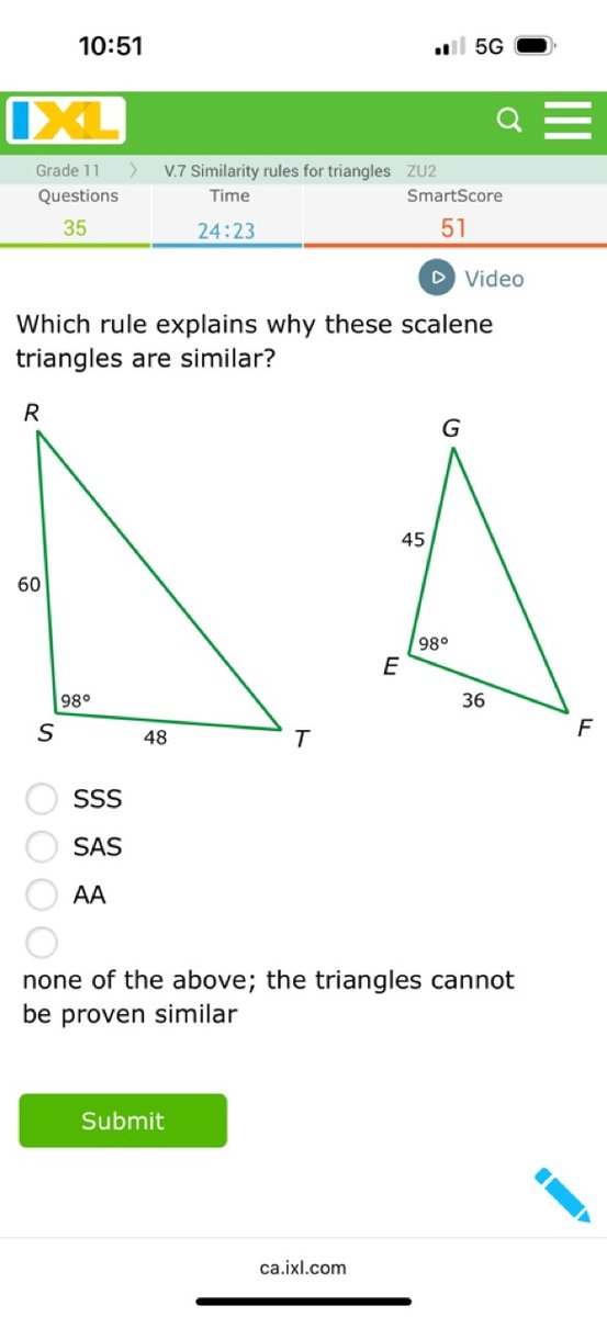 Which rule explains why these scalene triangles are similar? [Diagram of..