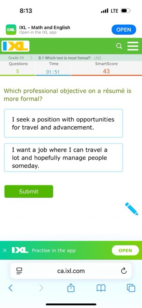 Which professional objective on a résumé is more formal? I seek a positi..