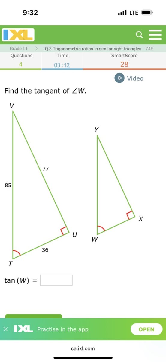 Find the tangent of \angle W. Given two right-angled triangles. The firs..