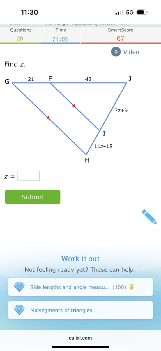 Find z. Given a triangle GJH with a line segment FI parallel to GH. The