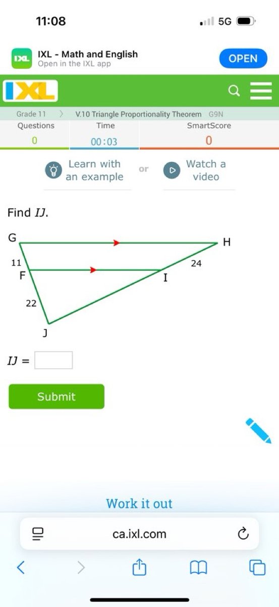 Find IJ. (Diagram shows a triangle GHJ with a line segment FI parallel t..