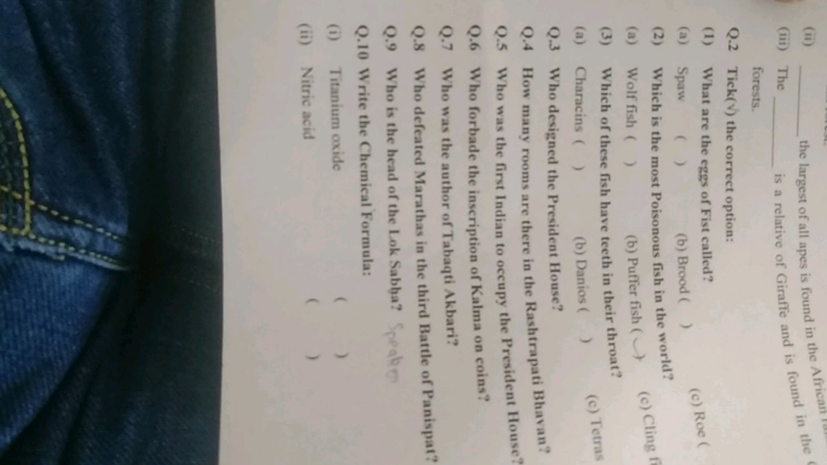 Q.2 Tick(V) the correct option: (1) What are the eggs of Fish called? (a)..