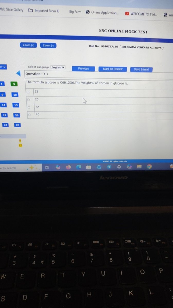 The formula glucose is C6H12O6. The Weight% of Carbon in glucose is. A)