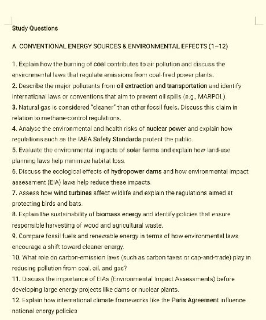 Study Questions A. CONVENTIONAL ENERGY SOURCES & ENVIRONMENTAL EFFECTS
