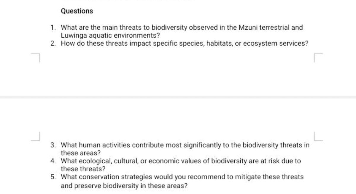 Questions What are the main threats to biodiversity observed in the Mzun..