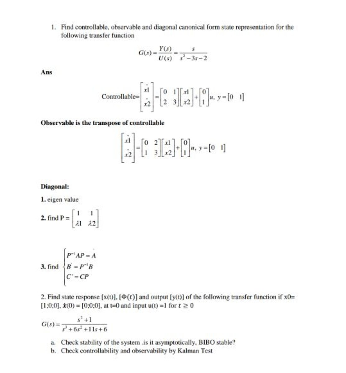 Find controllable, observable and diagonal canonical form state represent..