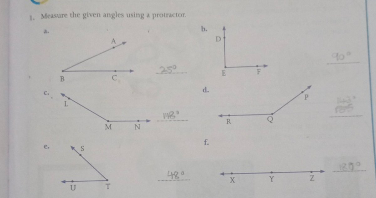 Measure the given angles using a protractor. a. Angle ABC b. Angle DEF