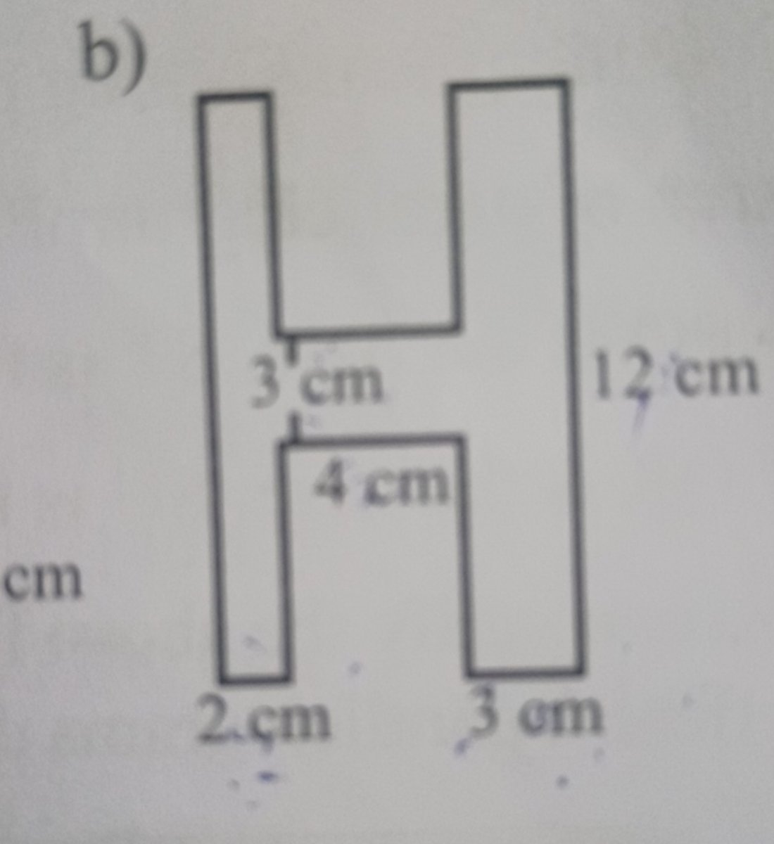 Calculate the area of the given H-shaped figure with the following dimens..