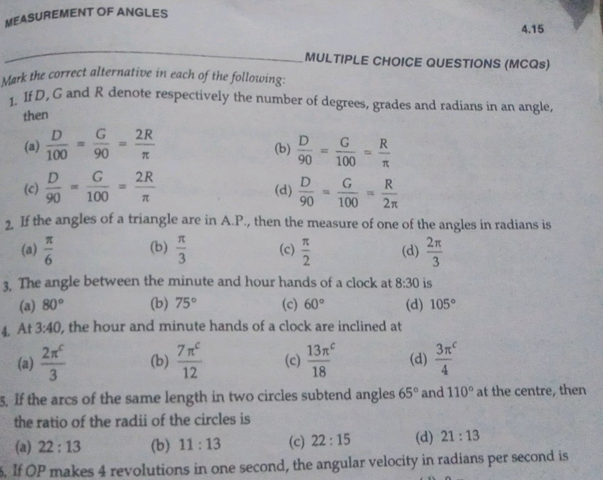 MEASUREMENT OF ANGLES MULTIPLE CHOICE QUESTIONS (MCQS) Mark the correct..