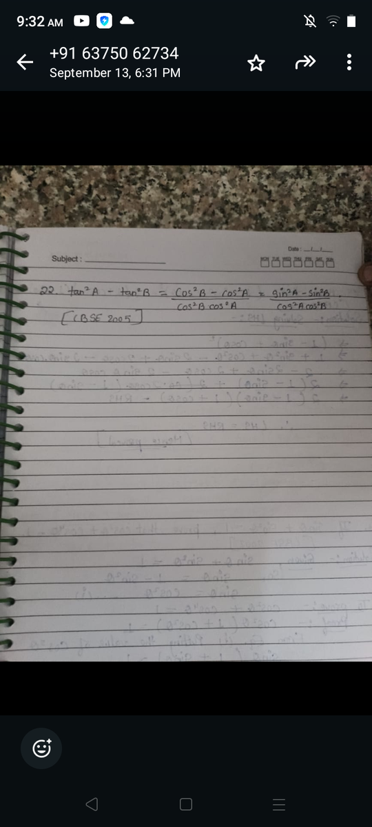 Prove that: \tan^2 A - \tan^2 B = \frac{\cos^2 B - \cos^2 A}{\cos^2 B \co..