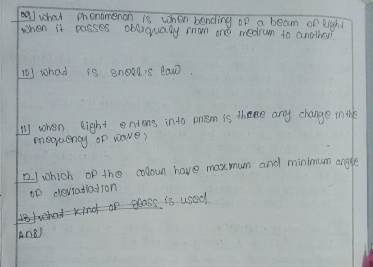 What phenomenon is when bending of a beam of light when it passes oblique..