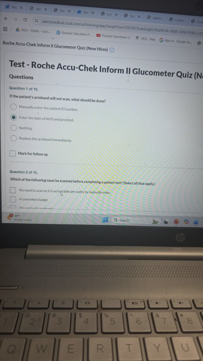 Test - Roche Accu-Chek Inform II Glucometer Quiz (New Hires) Questions